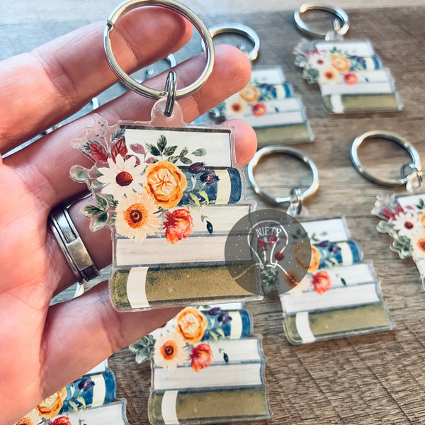 Acrylic Keychain | Floral Stacked Books | Remove protective film from ...